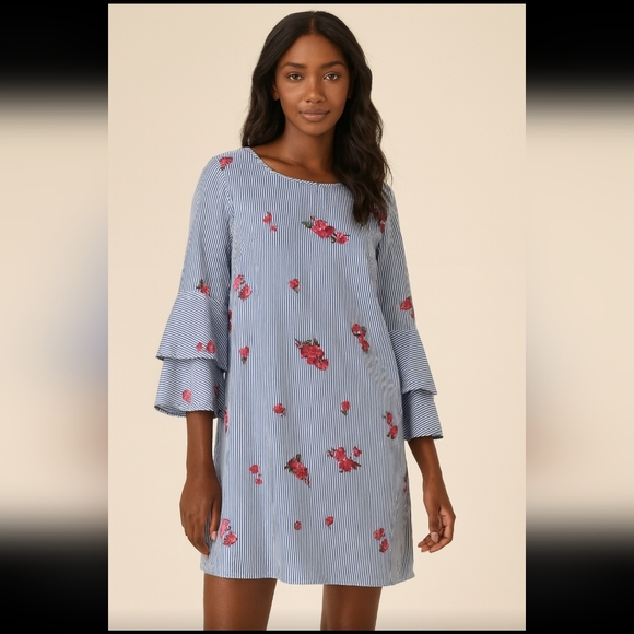 Tacera | Dresses | Tacera Blue Striped Ruffle Sleeve Dress With Floral ...